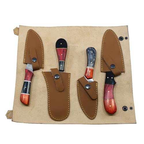 HUNT-DOWN 4 Pcs Damascus Blade Hunting Knife Set Wood & Resin Handle With Cover