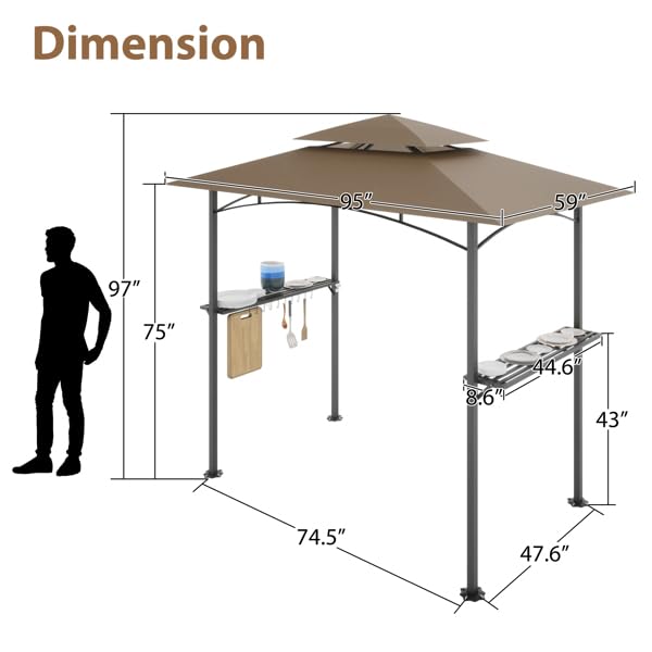 8 x 5 FT Grill Pergola Tent with Air Vent Double Tiered BBQ Gazebo Outdoor Barbecue Canopy, Khaki, Outdoor Double Roof Steel Frame Canopy Gazebo for Lawn, Garden, Backyard and Deck