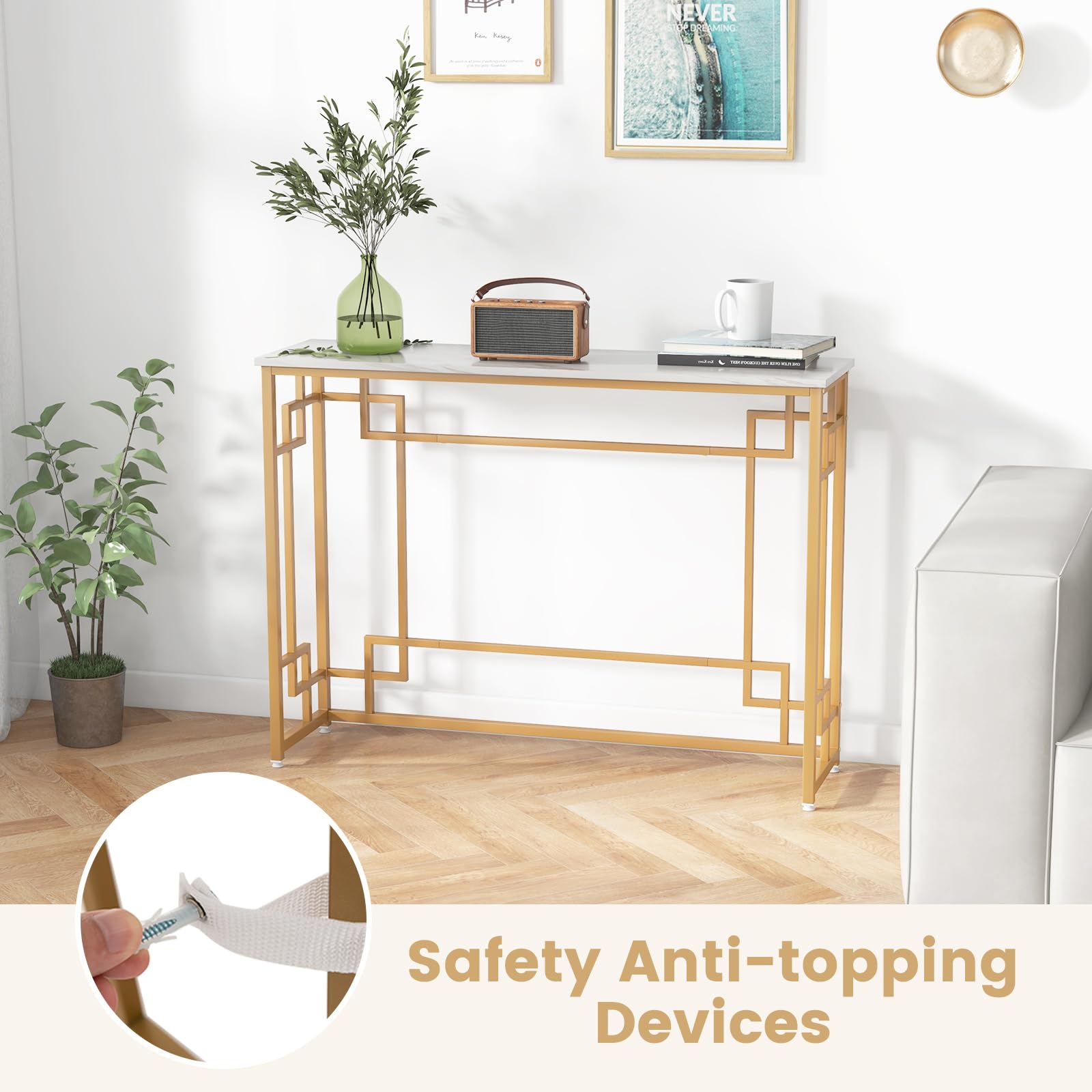 Giantex 43.5-Inch Console Tables for Entryway - Foyer Table with Adjustable Foot Pads, Golden Metal Frame, Faux Marble Top, Modern Long Sofa Table, Narrow Hallway Table for Living Room, Entry Table