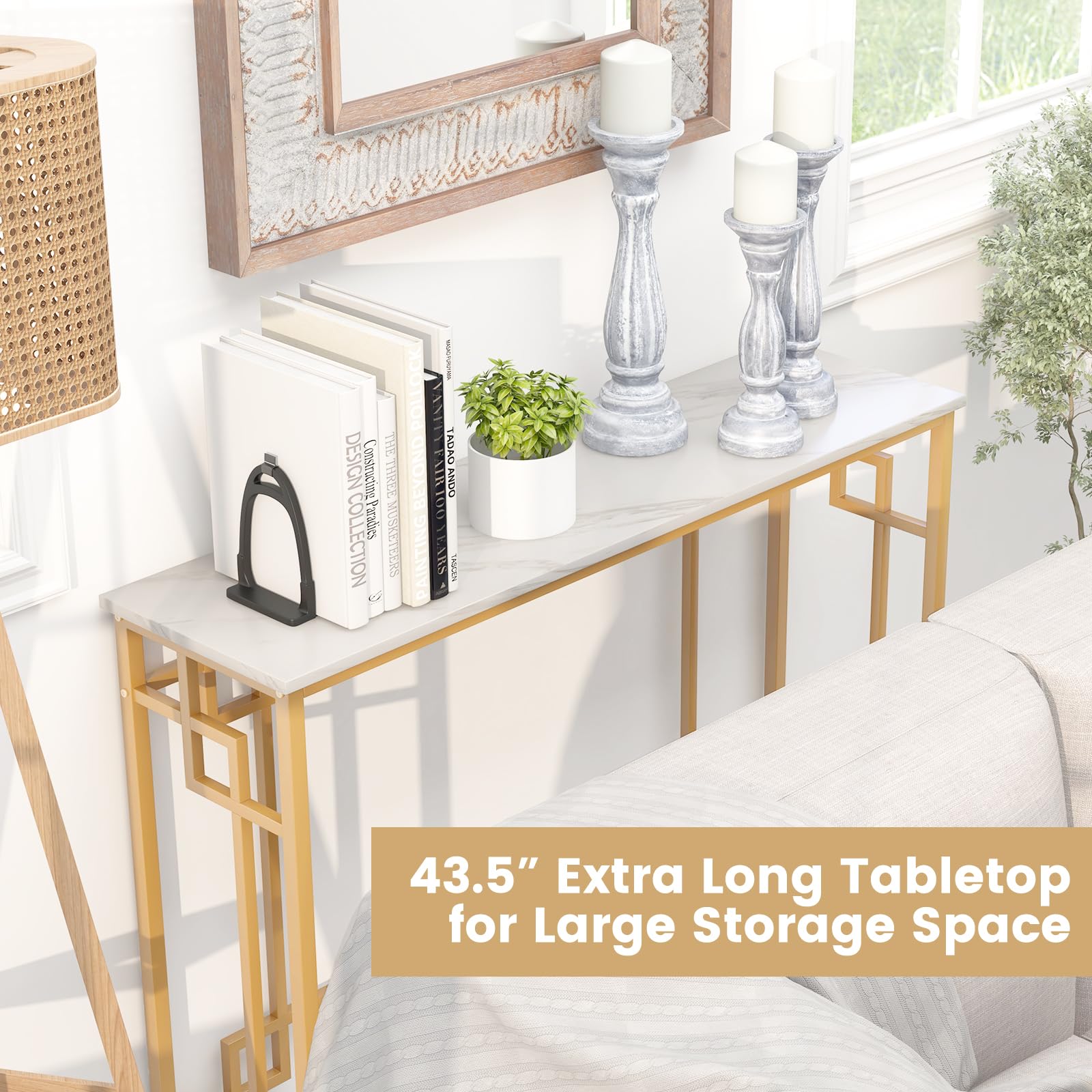 Giantex 43.5-Inch Console Tables for Entryway - Foyer Table with Adjustable Foot Pads, Golden Metal Frame, Faux Marble Top, Modern Long Sofa Table, Narrow Hallway Table for Living Room, Entry Table