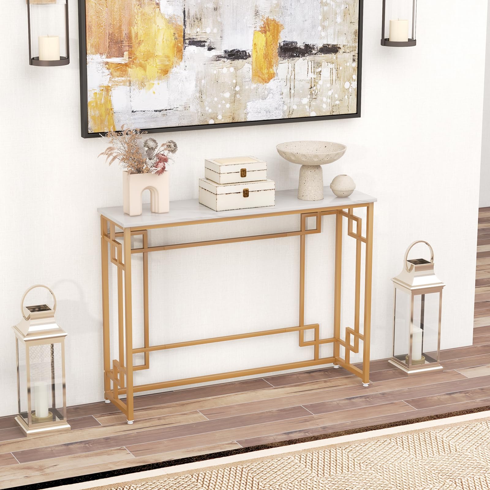 Giantex 43.5-Inch Console Tables for Entryway - Foyer Table with Adjustable Foot Pads, Golden Metal Frame, Faux Marble Top, Modern Long Sofa Table, Narrow Hallway Table for Living Room, Entry Table