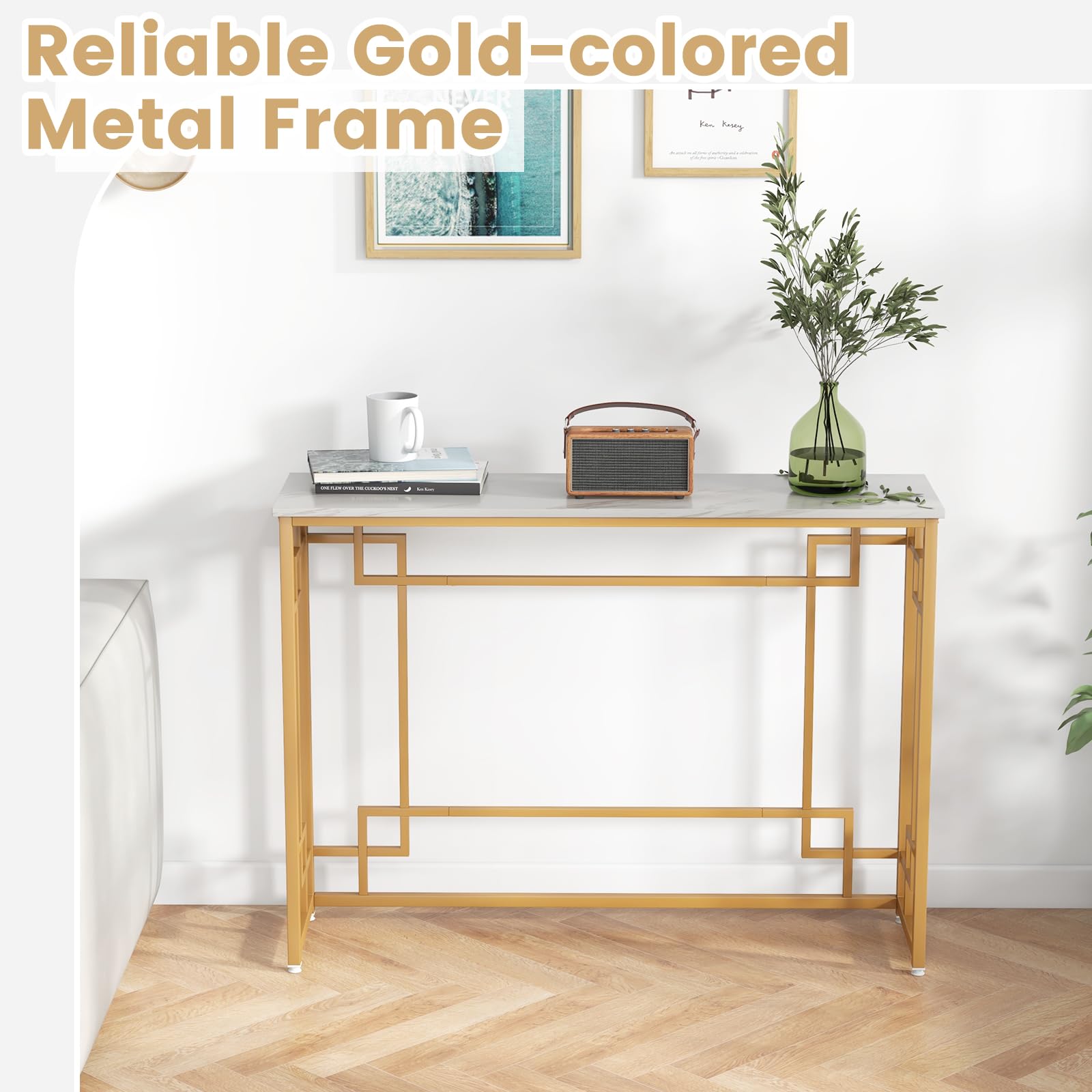 Giantex 43.5-Inch Console Tables for Entryway - Foyer Table with Adjustable Foot Pads, Golden Metal Frame, Faux Marble Top, Modern Long Sofa Table, Narrow Hallway Table for Living Room, Entry Table