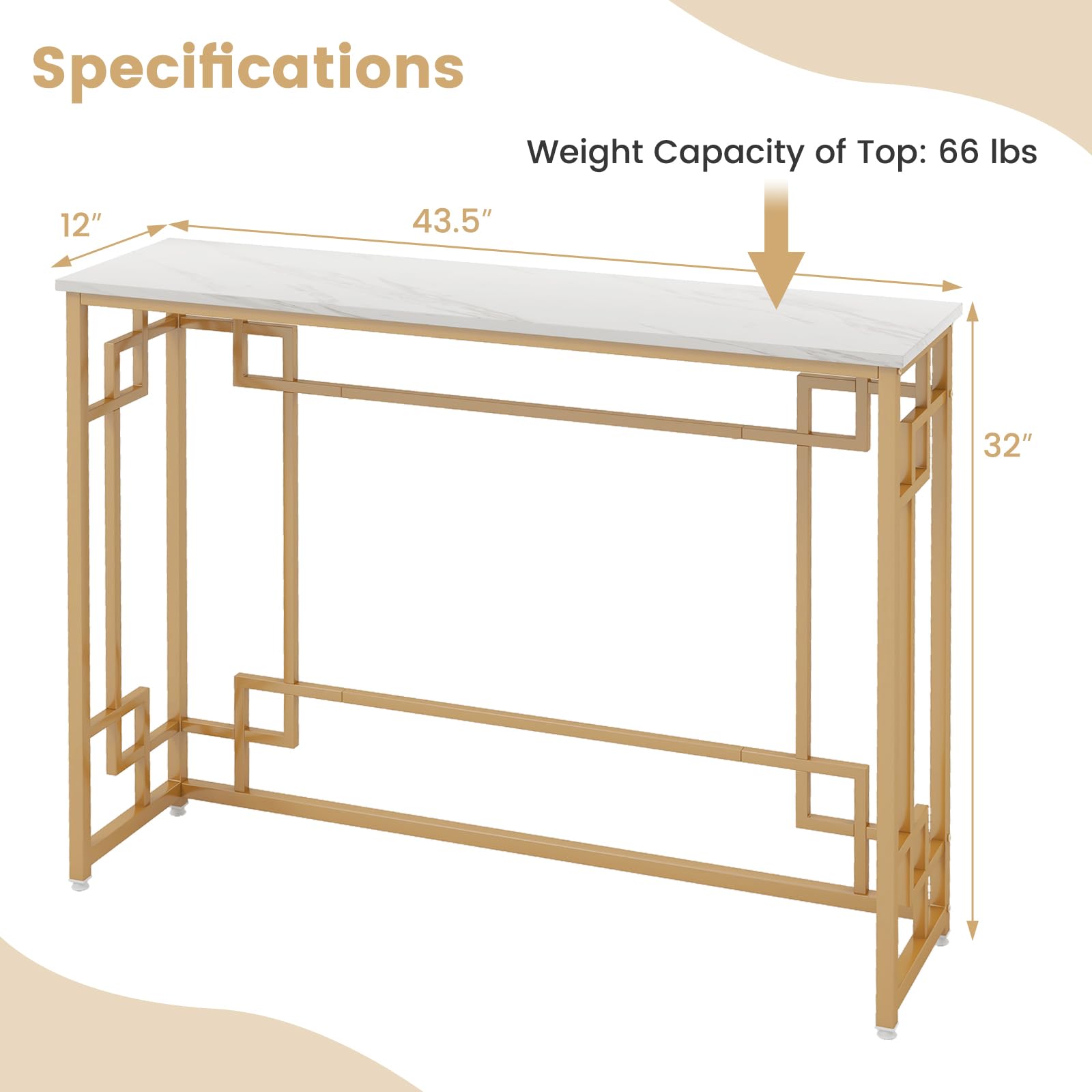 Giantex 43.5-Inch Console Tables for Entryway - Foyer Table with Adjustable Foot Pads, Golden Metal Frame, Faux Marble Top, Modern Long Sofa Table, Narrow Hallway Table for Living Room, Entry Table