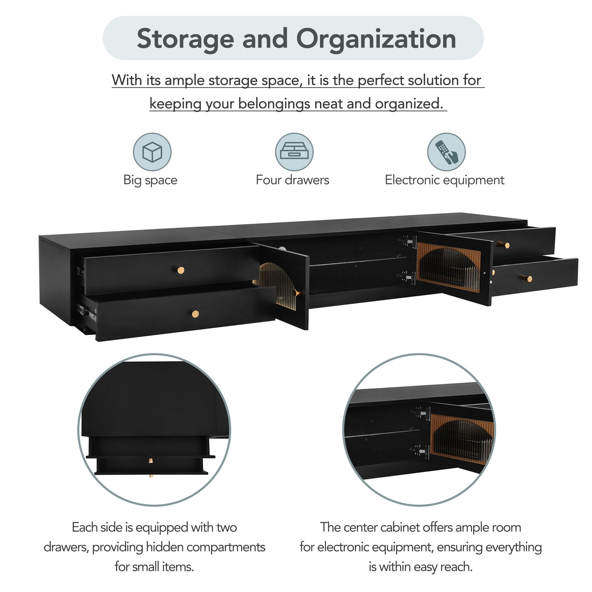 Merax Luxurious TV Stand with Fluted Glass Doors, Elegant and Functional Media Console for Television Up to 90'', Cabinet with Multiple Storage Options, Black