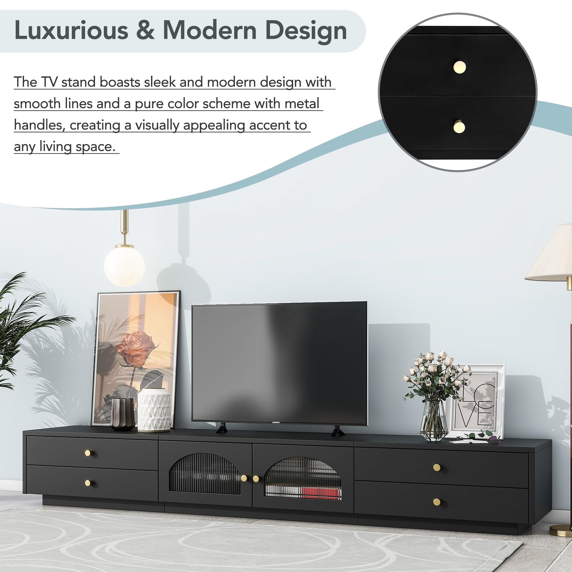 Merax Luxurious TV Stand with Fluted Glass Doors, Elegant and Functional Media Console for Television Up to 90'', Cabinet with Multiple Storage Options, Black