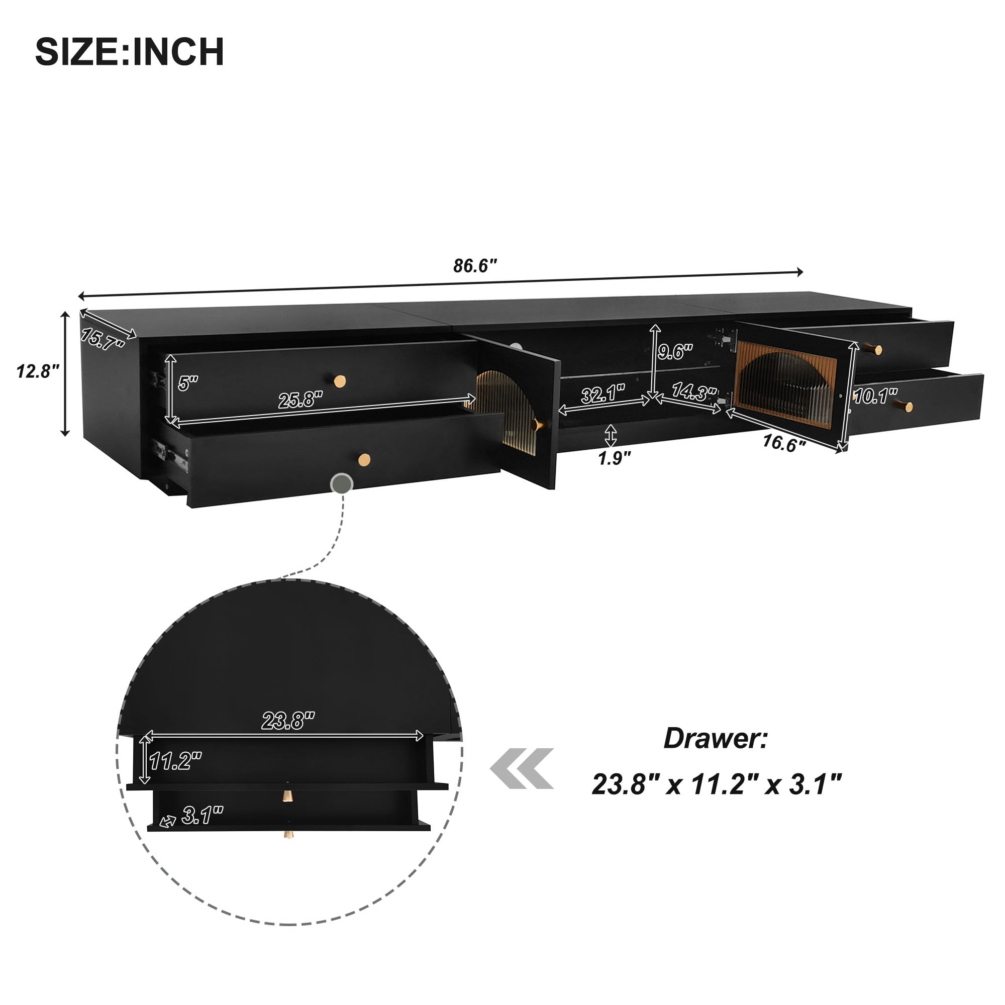 Merax Luxurious TV Stand with Fluted Glass Doors, Elegant and Functional Media Console for Television Up to 90'', Cabinet with Multiple Storage Options, Black