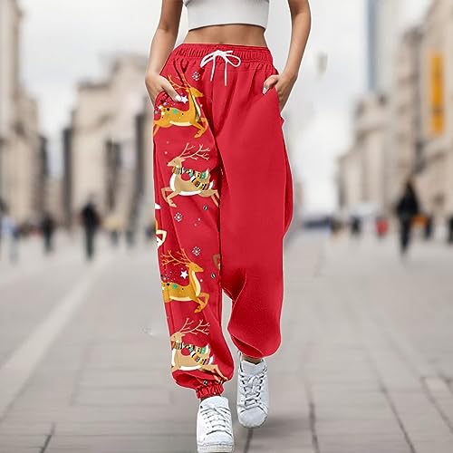 Sweatpants Womens,High Waisted Sweatpants for Women Christmas Print Drawstring Workout Active Joggers Ugly Print Plus Size Running Sweatpants Elk Print Beige XL