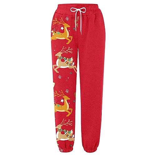 Sweatpants Womens,High Waisted Sweatpants for Women Christmas Print Drawstring Workout Active Joggers Ugly Print Plus Size Running Sweatpants Elk Print Beige XL