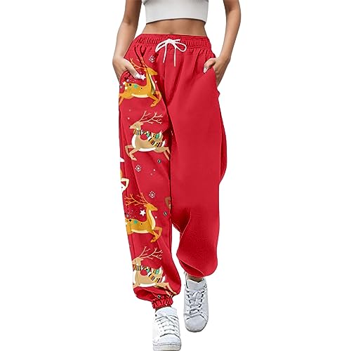 Sweatpants Womens,High Waisted Sweatpants for Women Christmas Print Drawstring Workout Active Joggers Ugly Print Plus Size Running Sweatpants Elk Print Beige XL