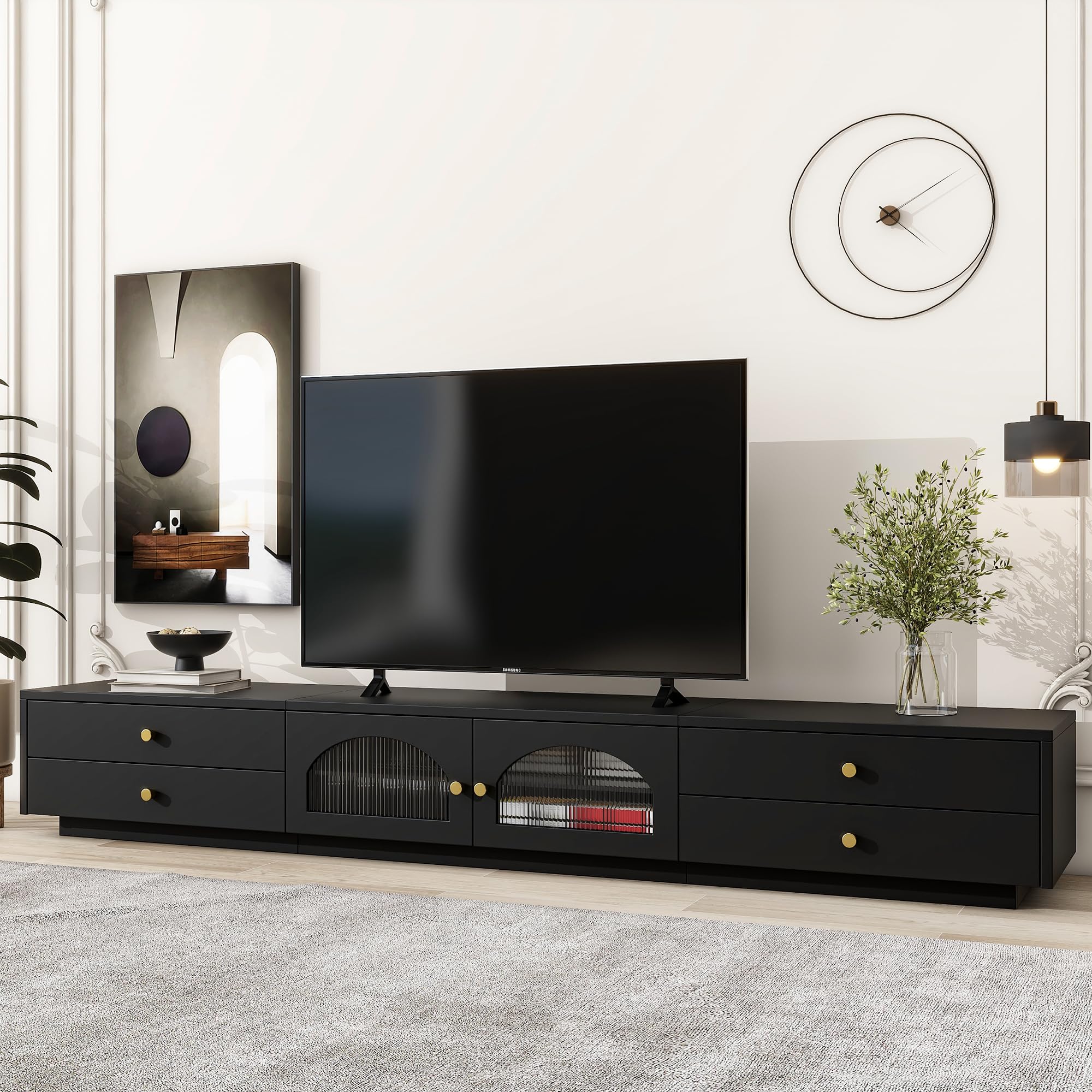 Merax Luxurious TV Stand with Fluted Glass Doors, Elegant and Functional Media Console for Television Up to 90'', Cabinet with Multiple Storage Options, Black