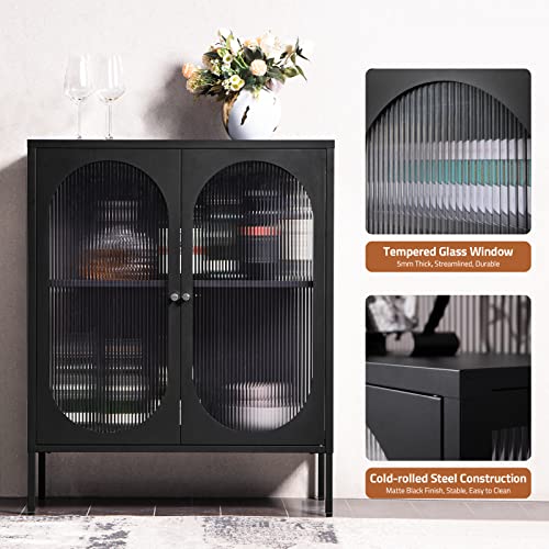 SICOTAS Sideboard Cabinet Buffet, Modern Accent Buffet Storage Cabinet with Glass Doors, Free Standing Cabinet for Living Room, Cupboard Console Table for Kitchen Dining Room, Black