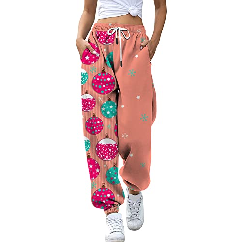 Straight Leg Sweatpants,Womens Sweatpants with Pockets Christmas Print Drawstring Workout Active Joggers Merry Christmas Print Wide Leg Pajama Pants Reindeer Print Hot Pink XL