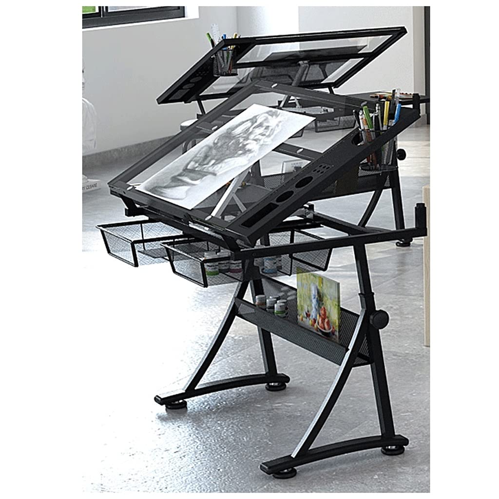 ROLTIN Drafting Tables Height Adjustable Drawing Art Table,Artists Desk Tilting Glass Tabletop Paintings Work Station with Storage Drawer,Writing Art Craft Work Station