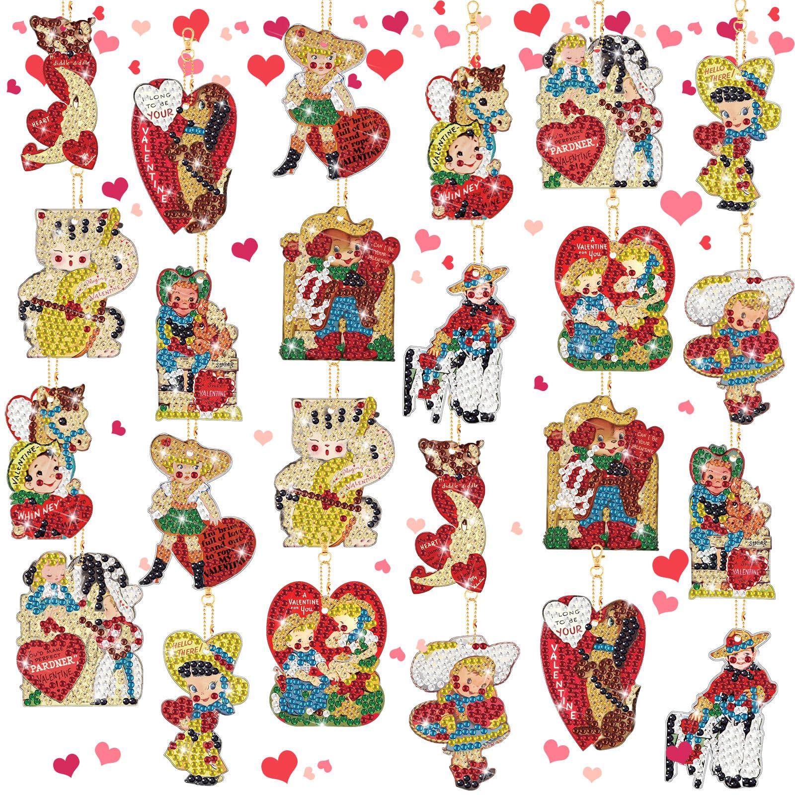 Outus 24 Pcs Vintage Valentine's Day Diamond Art Keychain 5D Vintage Cowboy DIY Decorative Double Sided Diamond Key Chain Kit Crafts Making for Valentine's Gifts Exchange School Classroom Prize