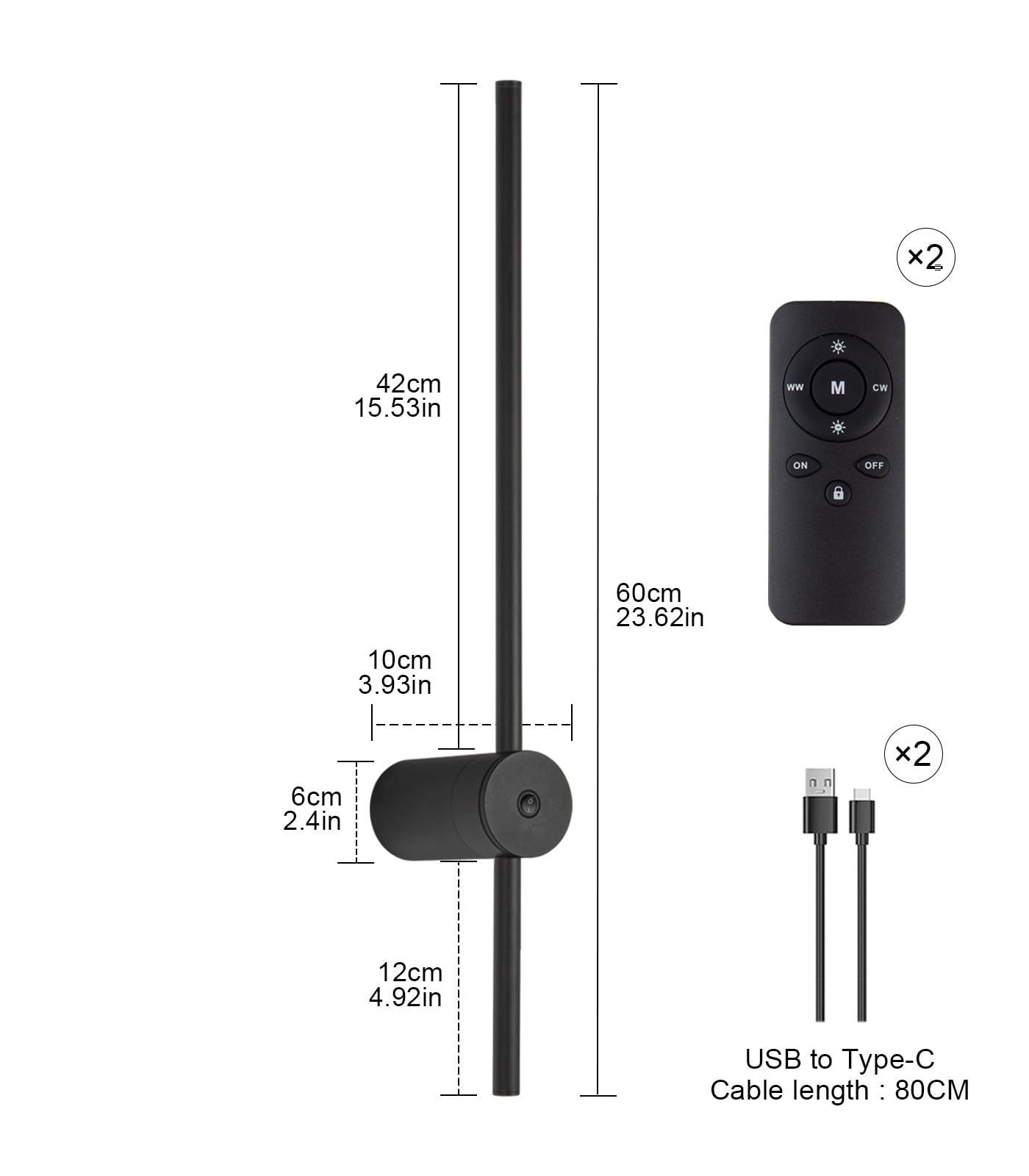 Battery Operated Wall Sconce Set of Two, USB Rechargeable LED Wall Lights with Remote Control, Dimmable Cordless Wall Lamp Indoor, 360° Rotation Reading Lamp for Living Room, Bedroom, Black, 24inch