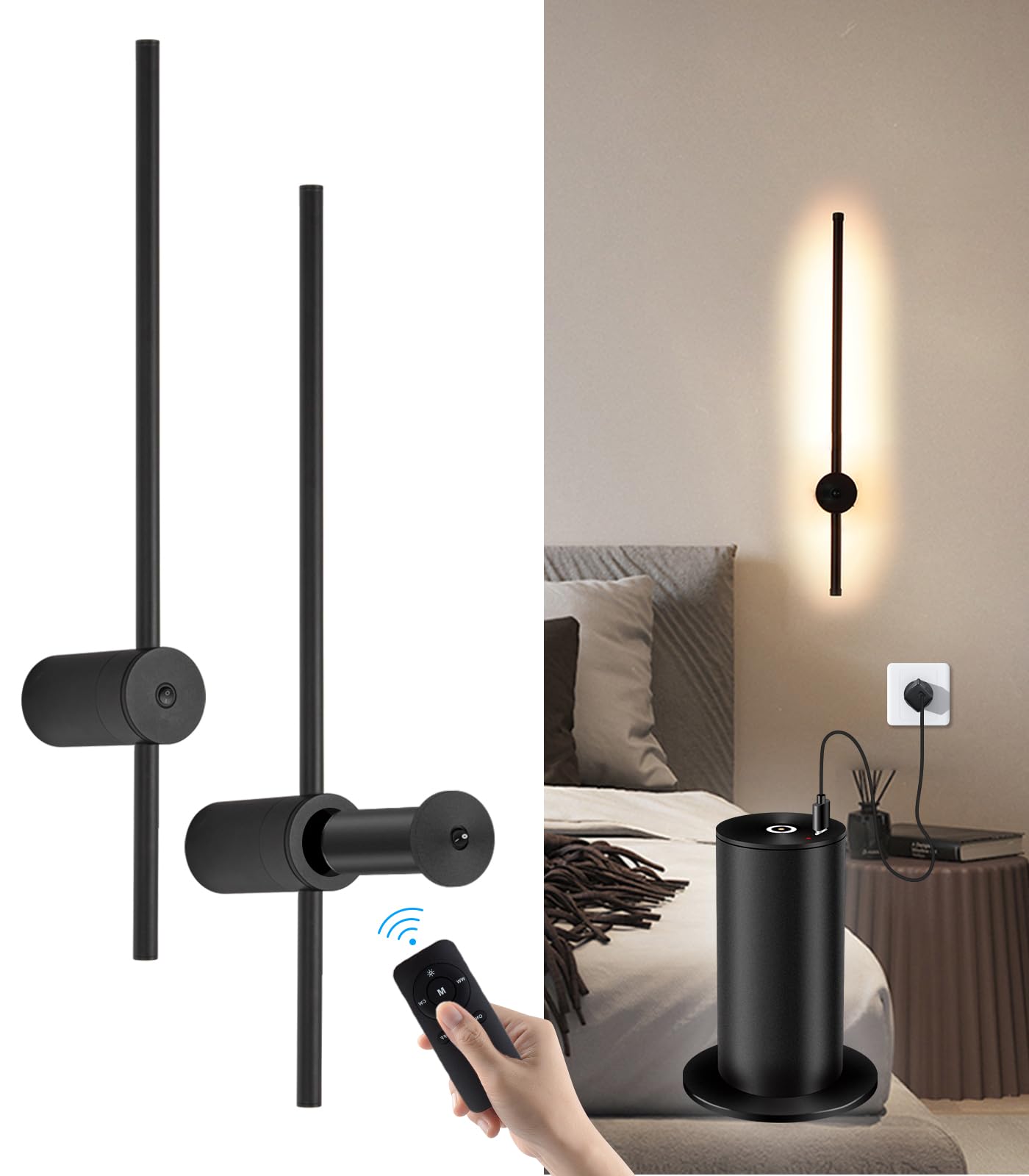 Battery Operated Wall Sconce Set of Two, USB Rechargeable LED Wall Lights with Remote Control, Dimmable Cordless Wall Lamp Indoor, 360° Rotation Reading Lamp for Living Room, Bedroom, Black, 24inch