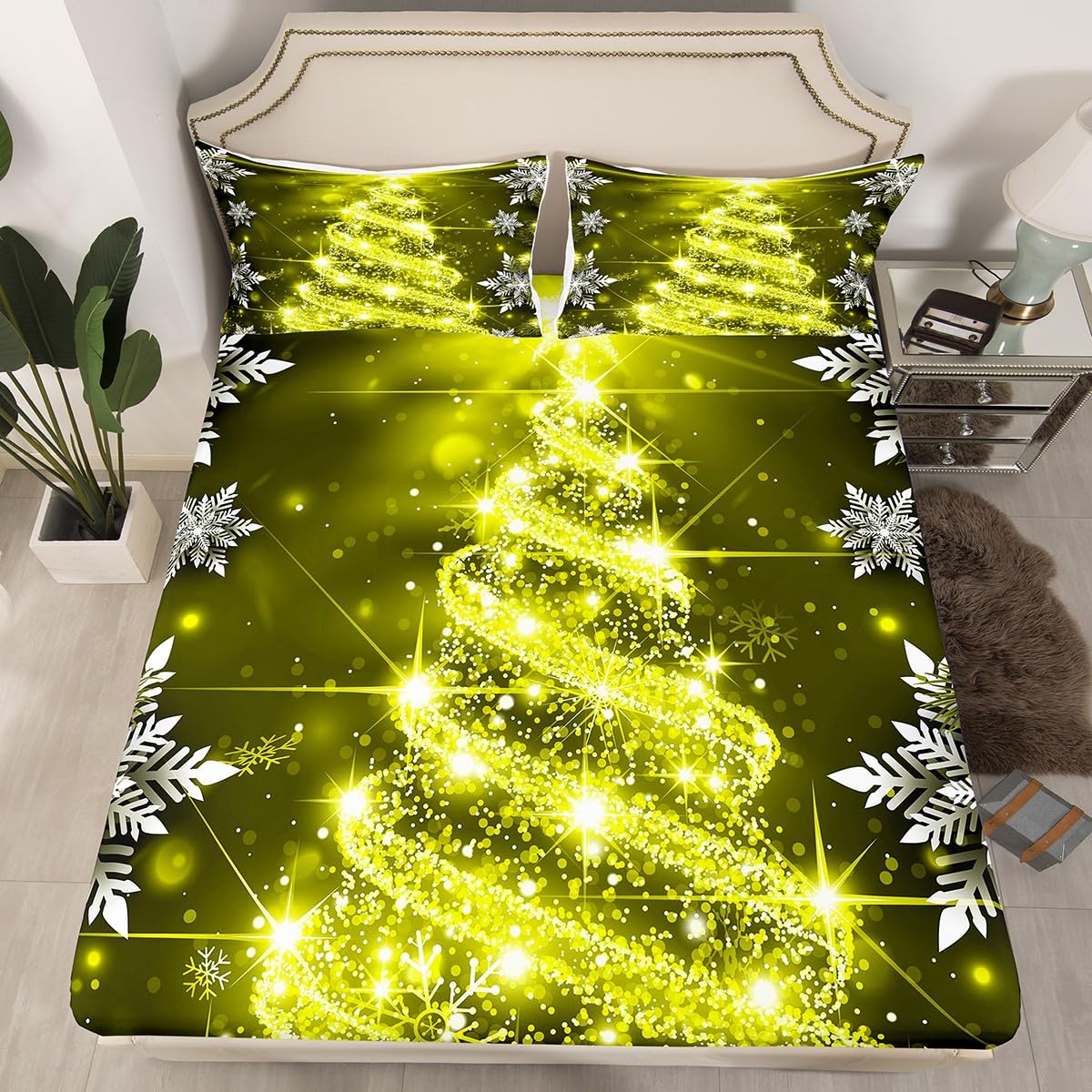 Christmas Tree Bed Sheets Full Size Christmas Themed Fitted Sheet 3 Piece Happy New Year Xmas Bed Set White Snowflake Winter Themed Bedding Set Santa Claus Gifts Bedding