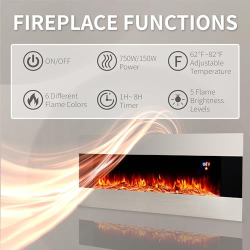AMERLIFE 50" Wall Mount Electric Fireplace with Remote Control, Floating Fireplace Heater with Adjustable Flame Colors & Heater, Top-Vent, Low Noise, 750W/1500W, Stainless Steel Frame, Black