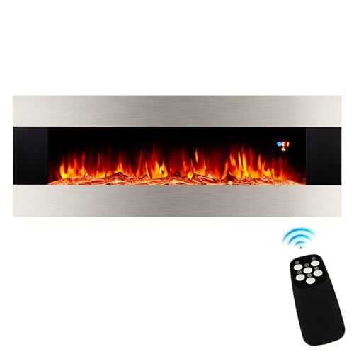 AMERLIFE 50" Wall Mount Electric Fireplace with Remote Control, Floating Fireplace Heater with Adjustable Flame Colors & Heater, Top-Vent, Low Noise, 750W/1500W, Stainless Steel Frame, Black