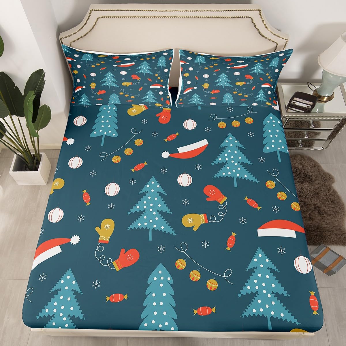 Christmas Themed Bed Sheets Full Size Christmas Tree Print Fitted Sheet for Boys Girls Kids Santa Claus Gifts Bed Set Happy New Year Xmas Bedding Set Christmas Eve Bedding