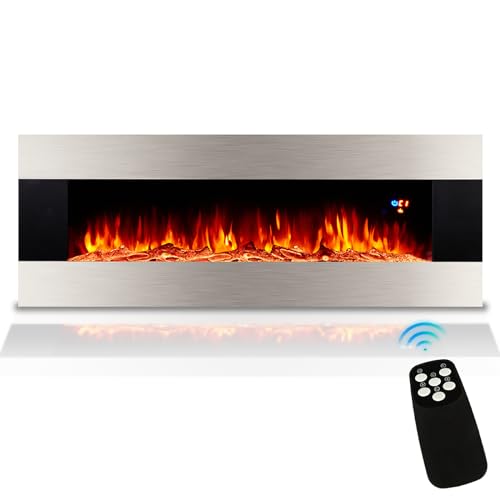 AMERLIFE 50" Wall Mount Electric Fireplace with Remote Control, Floating Fireplace Heater with Adjustable Flame Colors & Heater, Top-Vent, Low Noise, 750W/1500W, Stainless Steel Frame, Black