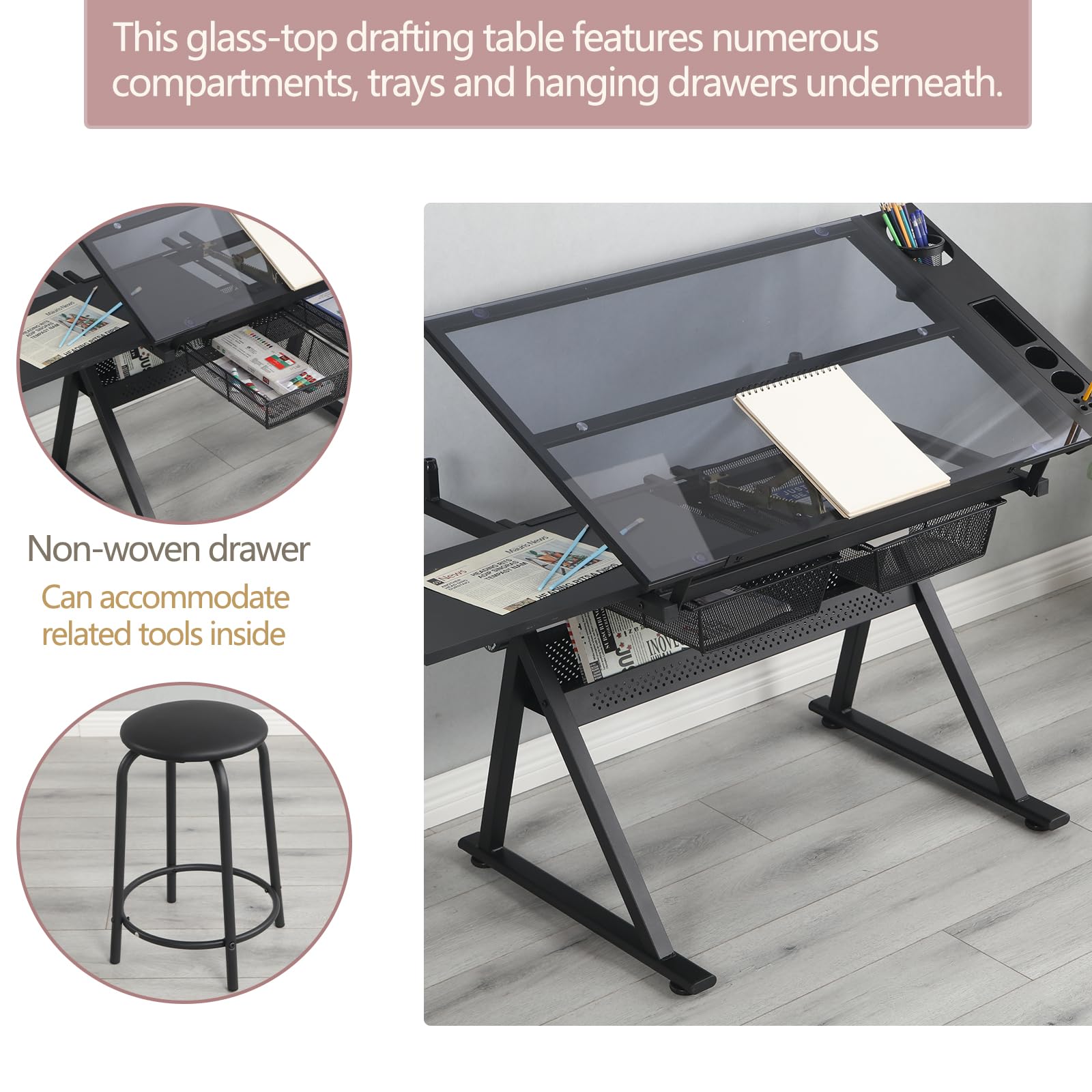 KNAMOTL Drawing Printing Table with Drawer Chair, Adjustable Tempered Glass Drawing Table for Office School, Artist, Architect, Black