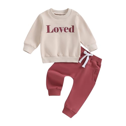 Meiweileya Infant Baby Boy Girl Fall Winter Clothes Loved Long Sleeve Sweatshirt Pullover Tops Red Pants Set Valentines Day Outfit 2Pcs (Khaki+Red, 12-18 Months)