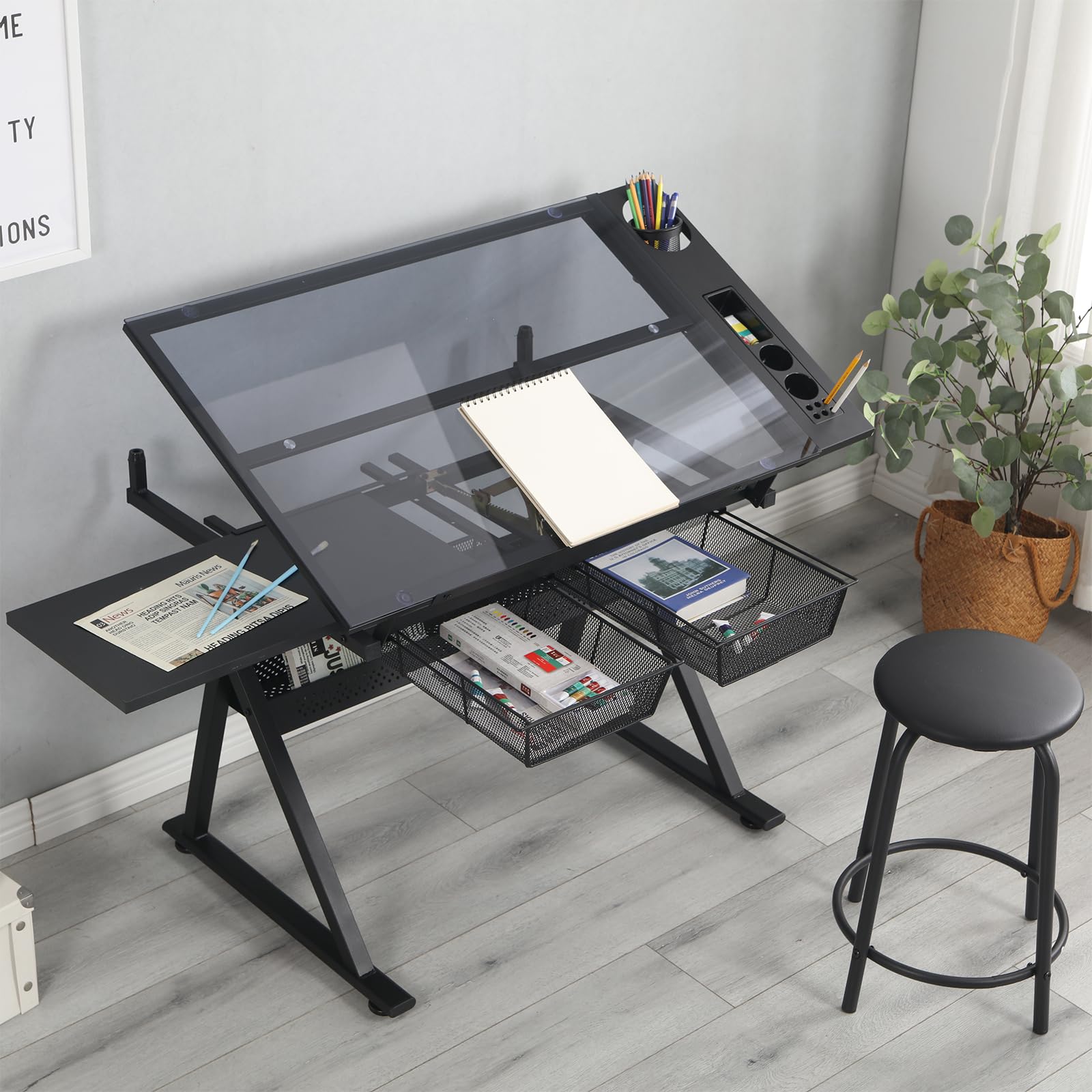 KNAMOTL Drawing Printing Table with Drawer Chair, Adjustable Tempered Glass Drawing Table for Office School, Artist, Architect, Black