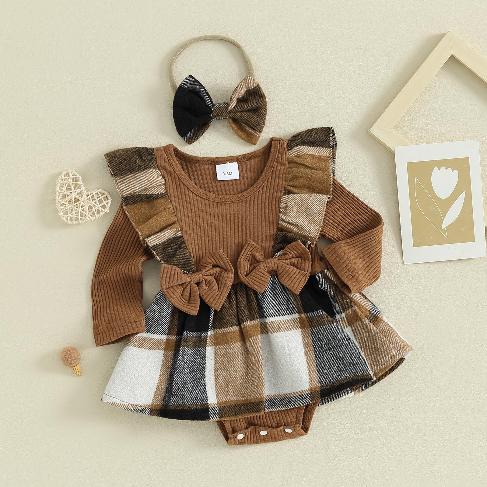 Newborn Baby Girl Fall Winter Outfit Set Plaid Romper Dress Ruffles Long Sleeve Clothes Jumpsuit with Bow Headband (Brown #3, 0-3 Months)