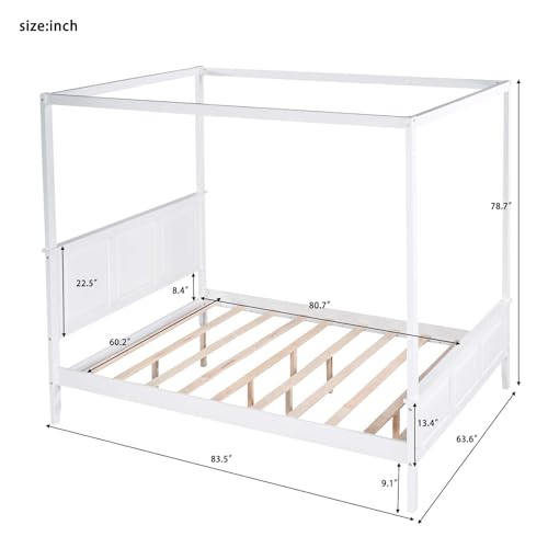 AMFSQJ Queen Size Canopy Bed Frame with Headboard and Footboard, White Canopy Platform Bed with Slat Support Leg