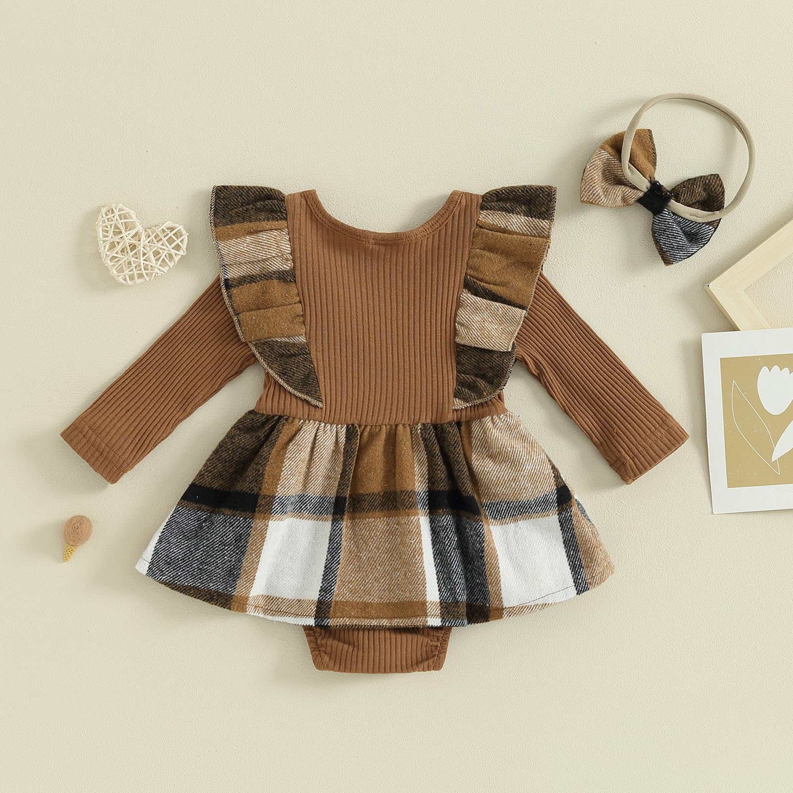 Newborn Baby Girl Fall Winter Outfit Set Plaid Romper Dress Ruffles Long Sleeve Clothes Jumpsuit with Bow Headband (Brown #3, 0-3 Months)