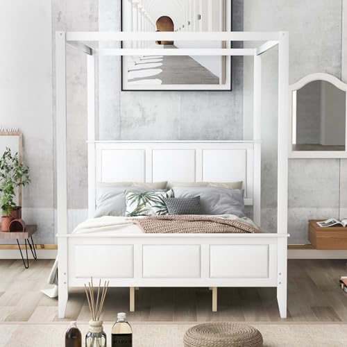 AMFSQJ Queen Size Canopy Bed Frame with Headboard and Footboard, White Canopy Platform Bed with Slat Support Leg