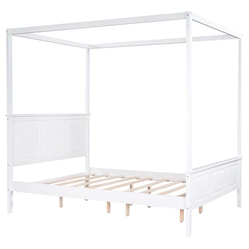 AMFSQJ Queen Size Canopy Bed Frame with Headboard and Footboard, White Canopy Platform Bed with Slat Support Leg