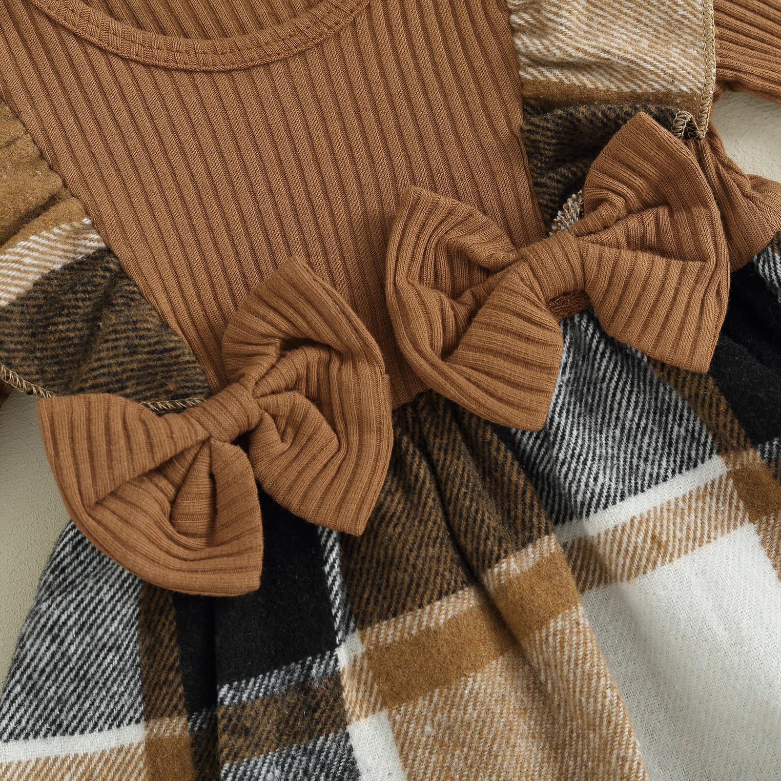 Newborn Baby Girl Fall Winter Outfit Set Plaid Romper Dress Ruffles Long Sleeve Clothes Jumpsuit with Bow Headband (Brown #3, 0-3 Months)