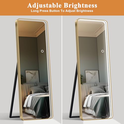 SDHYL Full Length Mirror with Lights, 64"x20" LED Mirror Full Length with Stand, Full Body Mirror with Touch Button and Plug, Dimmable Brightness Dressing Mirror for Living Room, Round Coner, Gold