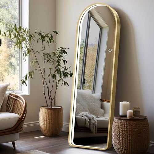 SDHYL Arched Full Length Mirror with Lights, 64"x20" LED Mirror Full Length with Stand, Full Body Mirror with Touch Button and Plug, Dimmable Brightness Dressing Mirror for Living Room, Gold