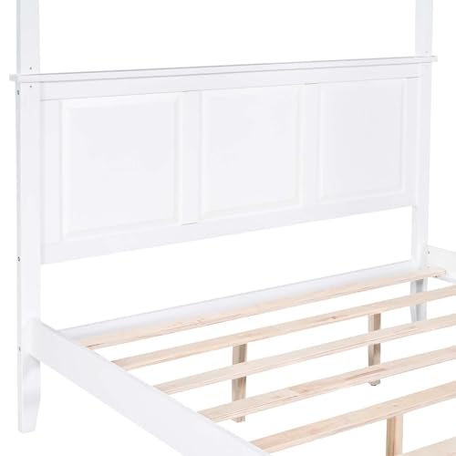 AMFSQJ Queen Size Canopy Bed Frame with Headboard and Footboard, White Canopy Platform Bed with Slat Support Leg