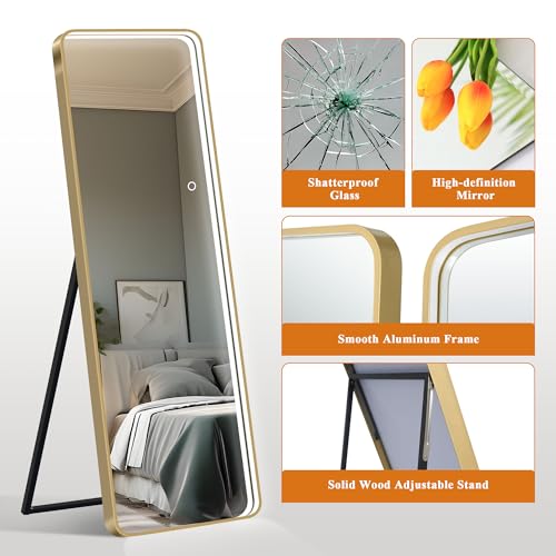 SDHYL Full Length Mirror with Lights, 64"x20" LED Mirror Full Length with Stand, Full Body Mirror with Touch Button and Plug, Dimmable Brightness Dressing Mirror for Living Room, Round Coner, Gold