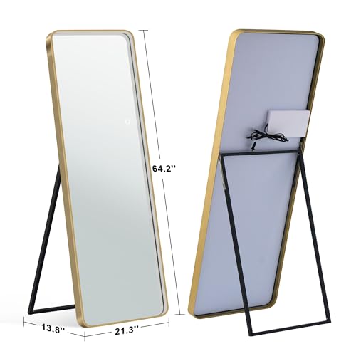 SDHYL Full Length Mirror with Lights, 64"x20" LED Mirror Full Length with Stand, Full Body Mirror with Touch Button and Plug, Dimmable Brightness Dressing Mirror for Living Room, Round Coner, Gold