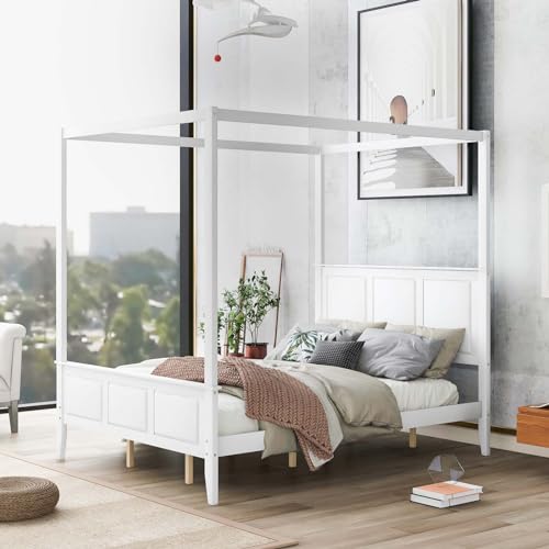 AMFSQJ Queen Size Canopy Bed Frame with Headboard and Footboard, White Canopy Platform Bed with Slat Support Leg