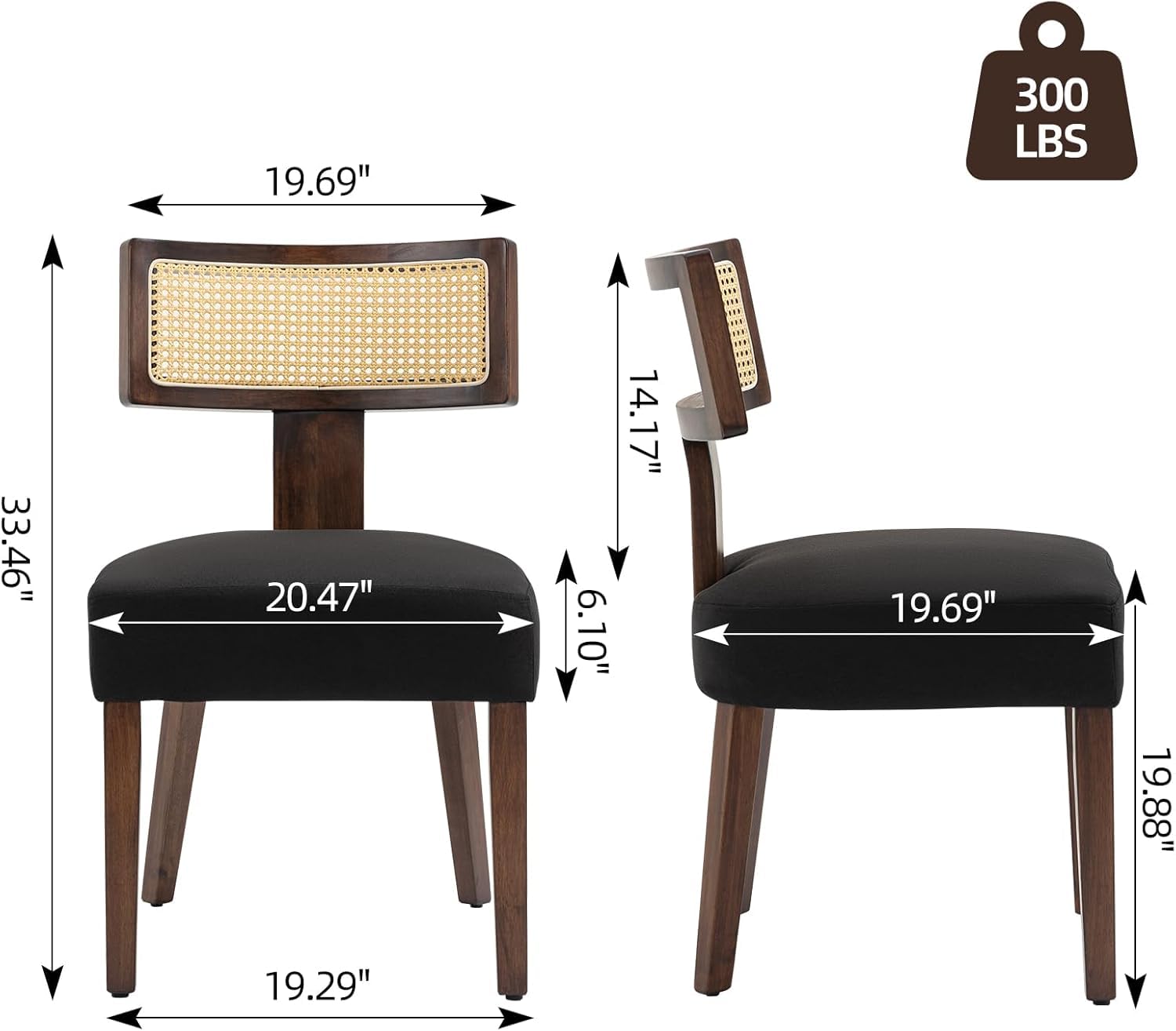 WQSLHX Rattan Dining Chairs Set of 6, Modern Kitchen Dining Room Chair with Curved Cane Back & Hardwood Frame in Dark Walnut Finish, Black Linen Upholstered