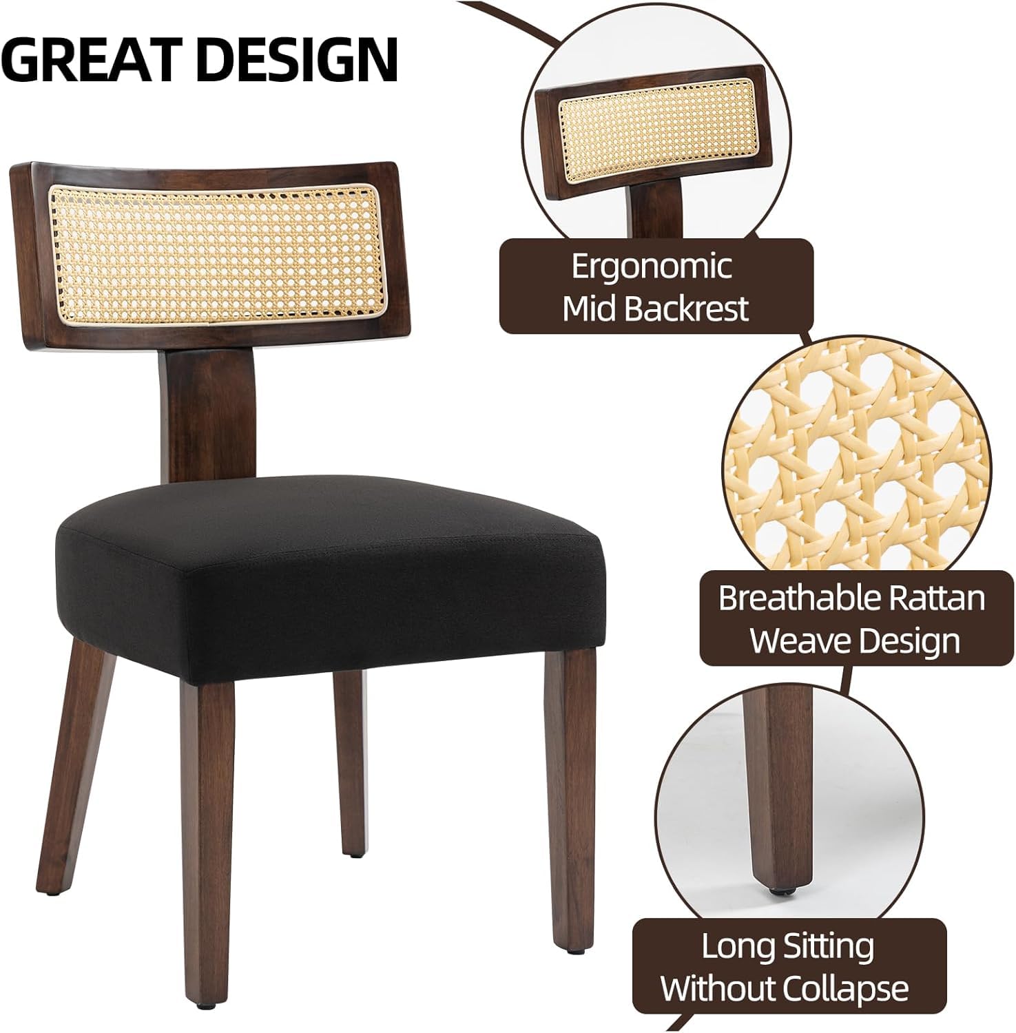 WQSLHX Rattan Dining Chairs Set of 6, Modern Kitchen Dining Room Chair with Curved Cane Back & Hardwood Frame in Dark Walnut Finish, Black Linen Upholstered