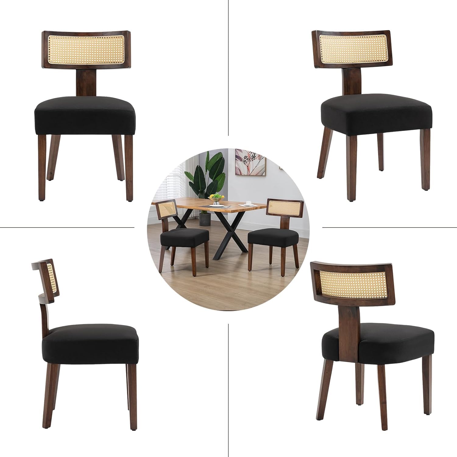 WQSLHX Rattan Dining Chairs Set of 6, Modern Kitchen Dining Room Chair with Curved Cane Back & Hardwood Frame in Dark Walnut Finish, Black Linen Upholstered