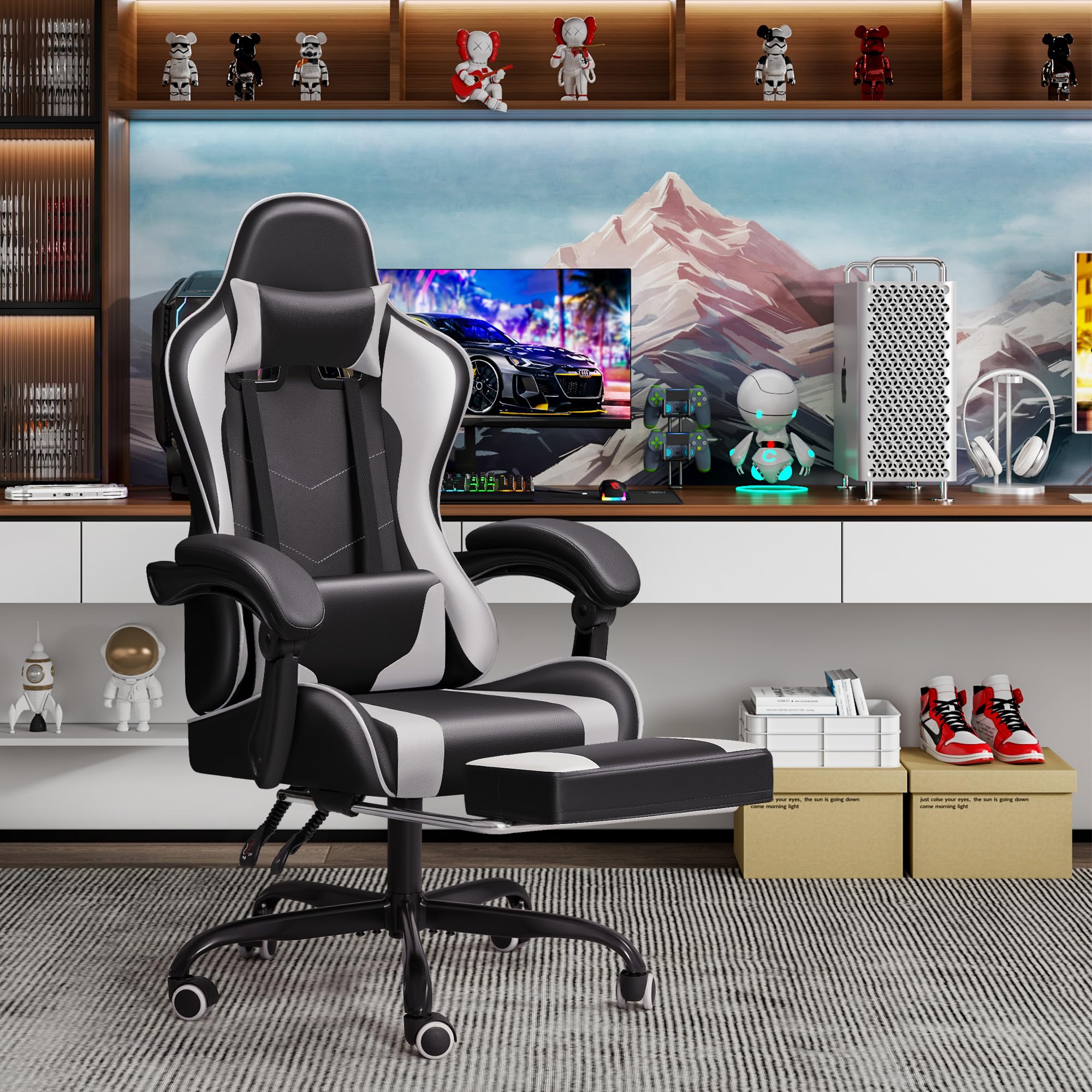 JUMMICO Gaming Chair Ergonomic Computer Chair with Footrest and Massage Lumbar Support, Height Adjustable Video Gaming Chair with 360° Swivel Seat and Headrest (White)