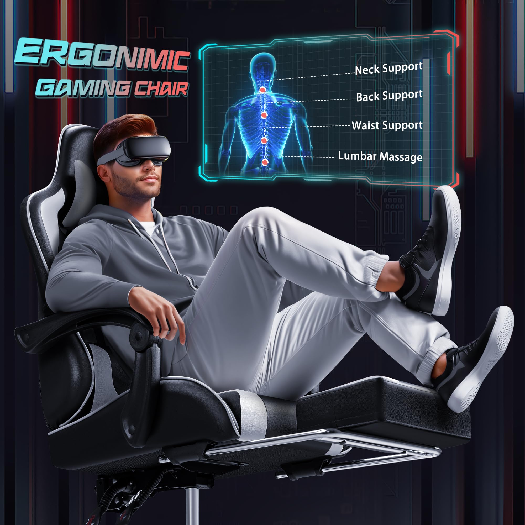 JUMMICO Gaming Chair Ergonomic Computer Chair with Footrest and Massage Lumbar Support, Height Adjustable Video Gaming Chair with 360° Swivel Seat and Headrest (White)