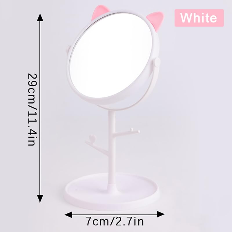 Desk Mirror in Cute Cat Ears Shape Practical Desktop Makeup Mirror Portable with Folding Stand Round Makeup Mirror Stand Up Desk 360 Circular Rotation Cute Circle Mirror for Bedroom Bathroom