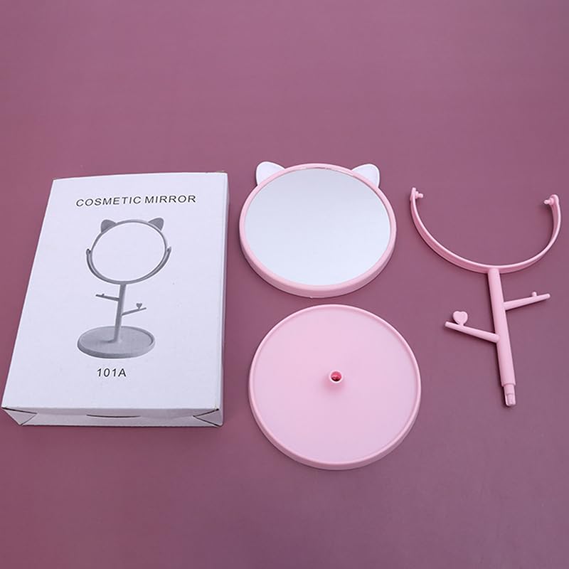 Desk Mirror in Cute Cat Ears Shape Practical Desktop Makeup Mirror Portable with Folding Stand Round Makeup Mirror Stand Up Desk 360 Circular Rotation Cute Circle Mirror for Bedroom Bathroom