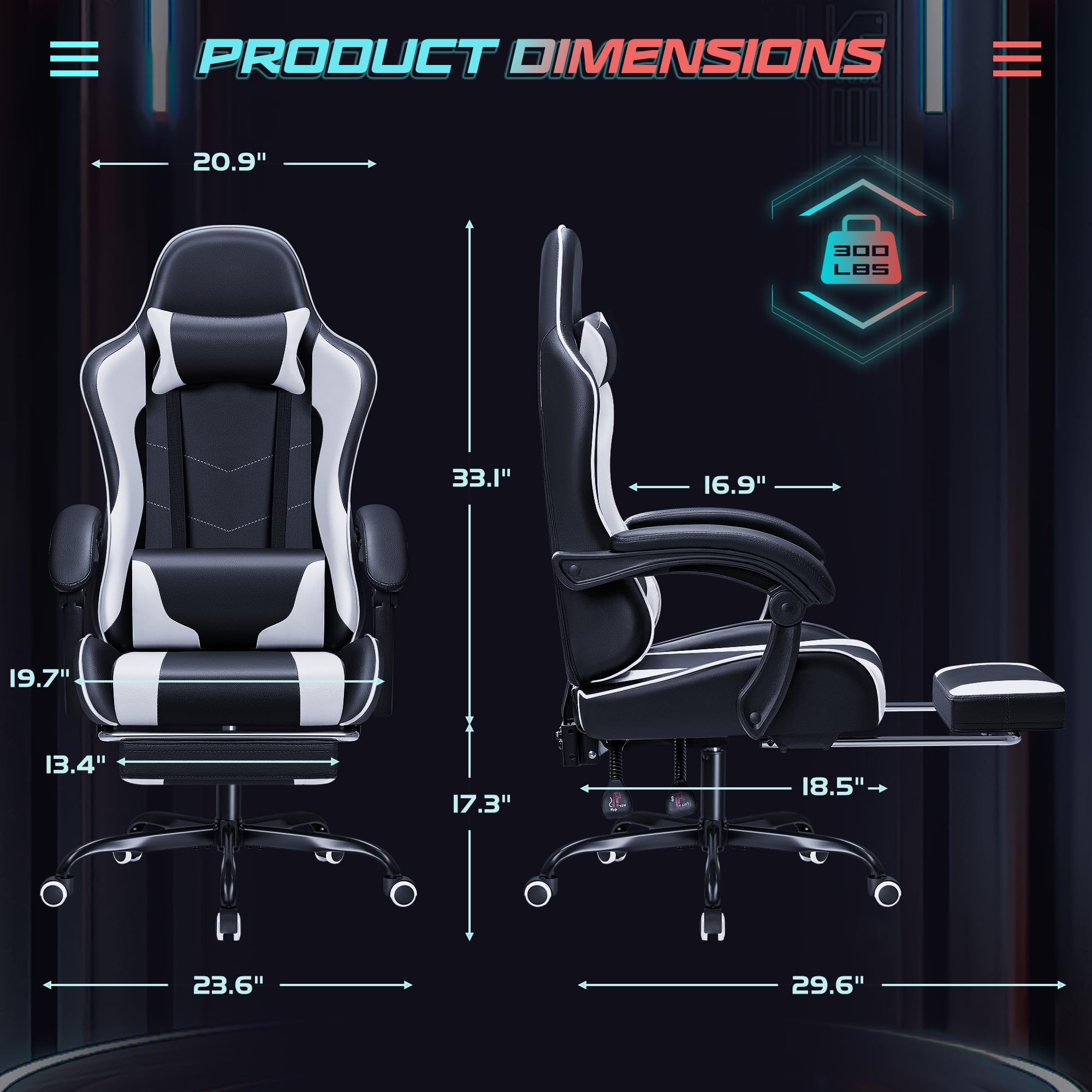JUMMICO Gaming Chair Ergonomic Computer Chair with Footrest and Massage Lumbar Support, Height Adjustable Video Gaming Chair with 360° Swivel Seat and Headrest (White)