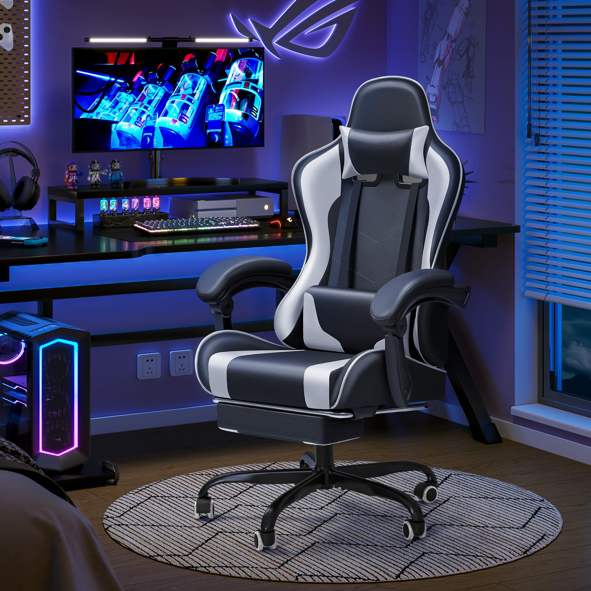 JUMMICO Gaming Chair Ergonomic Computer Chair with Footrest and Massage Lumbar Support, Height Adjustable Video Gaming Chair with 360° Swivel Seat and Headrest (White)