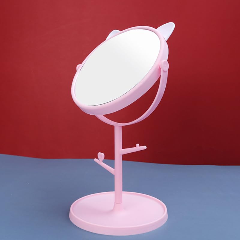 Desk Mirror in Cute Cat Ears Shape Practical Desktop Makeup Mirror Portable with Folding Stand Round Makeup Mirror Stand Up Desk 360 Circular Rotation Cute Circle Mirror for Bedroom Bathroom